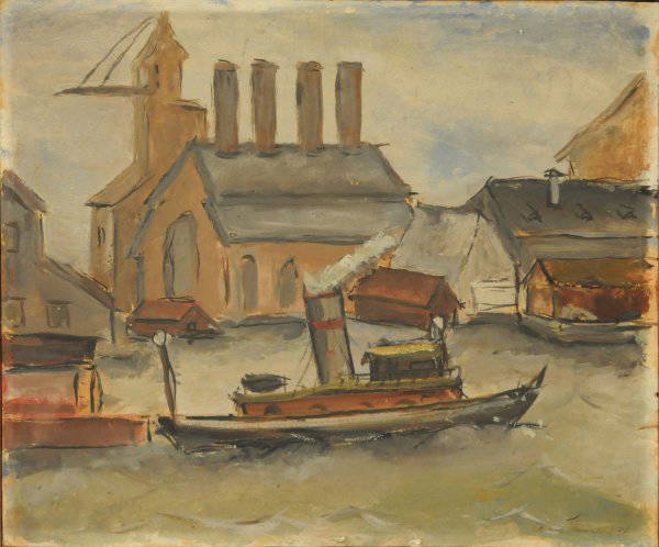 Harbor Scene Watercolor Painting, Edward Rosenfeld
