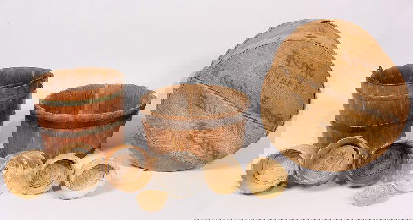 221: Lot of 9 Primitive Wood Items, Buckets, Butter Mol