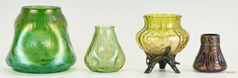 4 Art Nouveau Iridescent Glass Vases, Loetz & Kralik