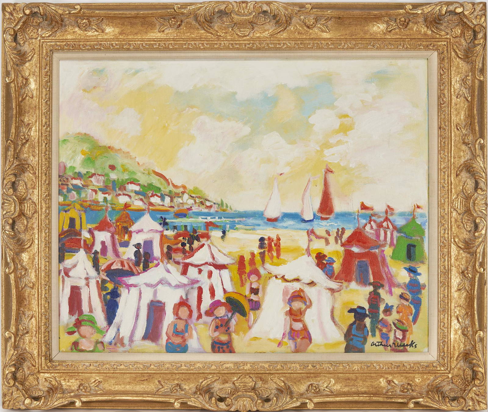 Arthur Weeks O/c Painting, Summer Seaside, Birds Bay, Greece Auction