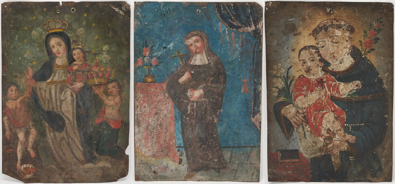 3 Early Mexican Retablos, Our Lady Of Light & Saints Auction