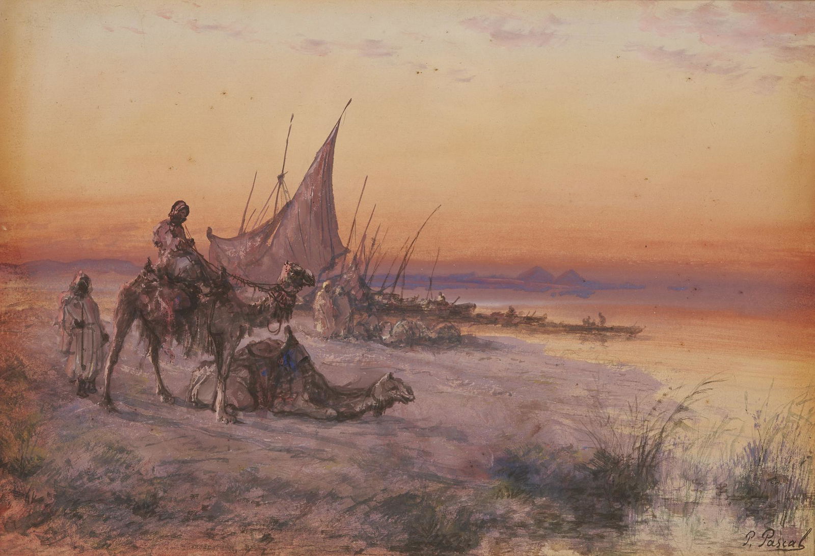 Paul Pascal Orientalist Watercolor, Sunset On The Nile Auction