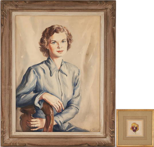 2 Edward Hurst Paintings, Watercolor Portrait & Pastel Pansy