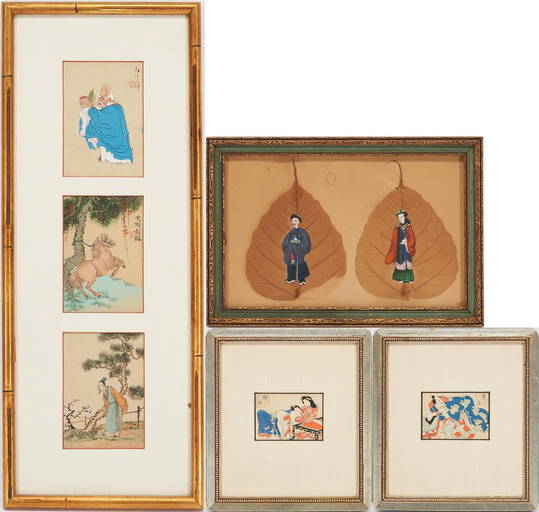 7 Asian Paintings & Prints, Peepal Leaves, Watercolors On Silk, & Erotic Woodblocks