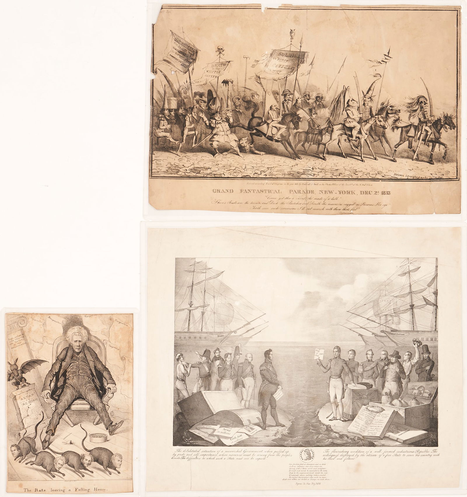 3 Andrew Jackson Period Political Cartoons Inc. Petticoat Affair Auction
