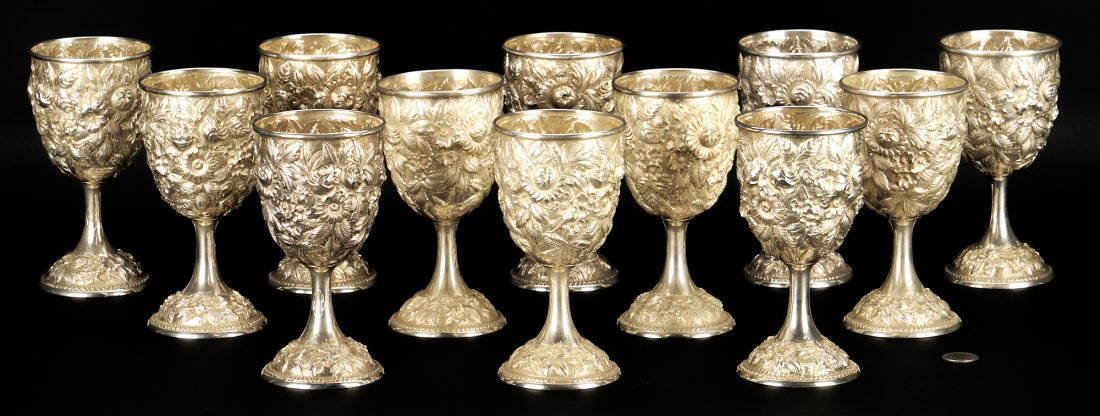 Set Of 12 Kirk Repousse Sterling Silver Goblets, Hand Decorated Auction