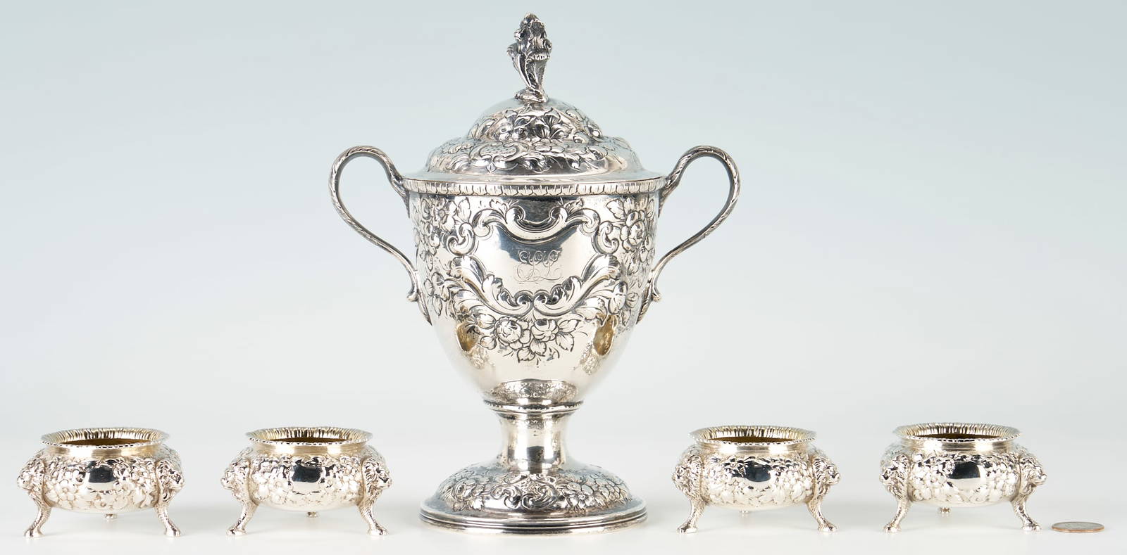 Baltimore Repousse Coin Silver Sugar Bowl And Salts Inc. A.e. Warner ...