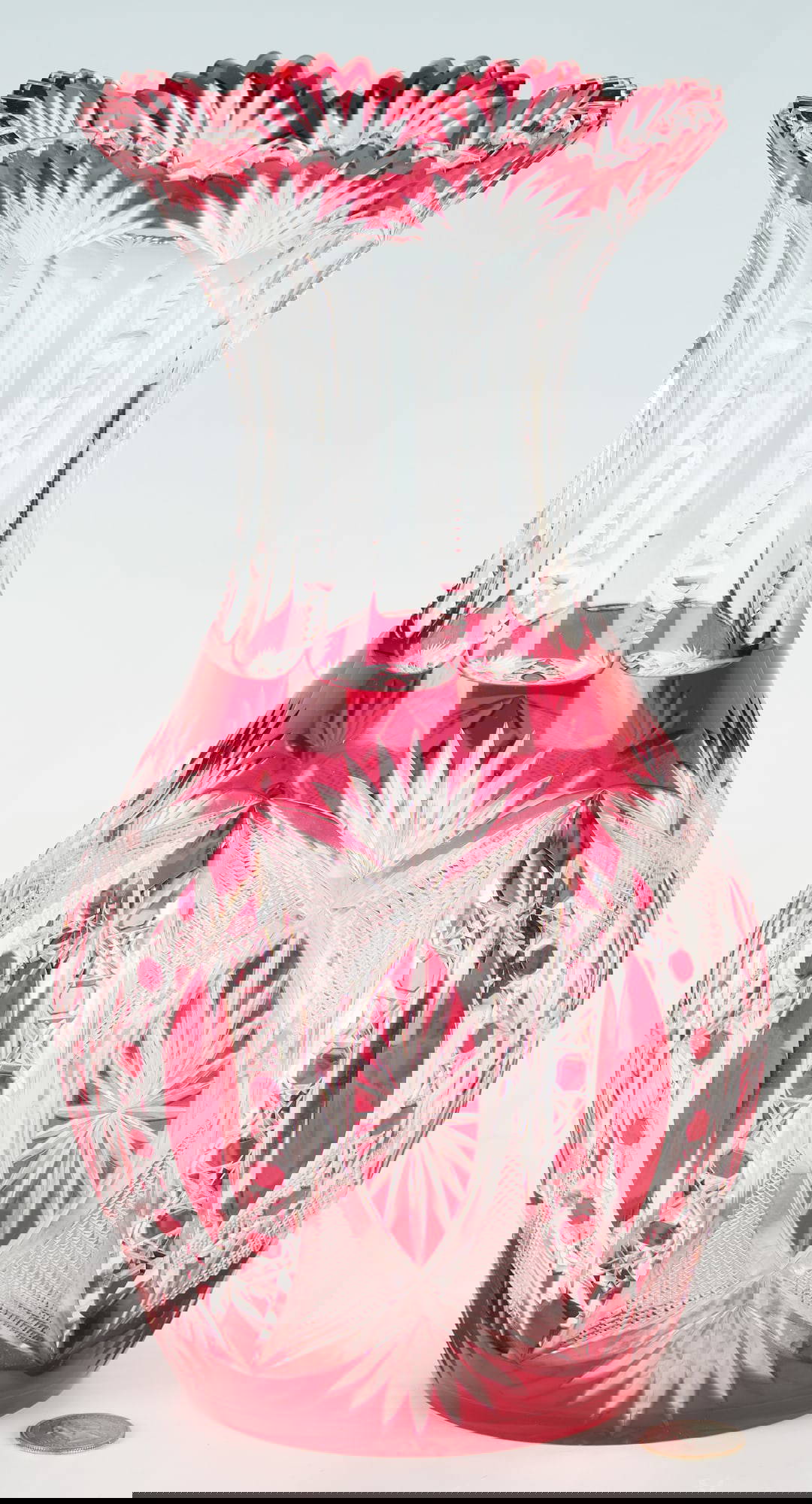 Abcg Vase, Red Glass Cut To Clear Auction