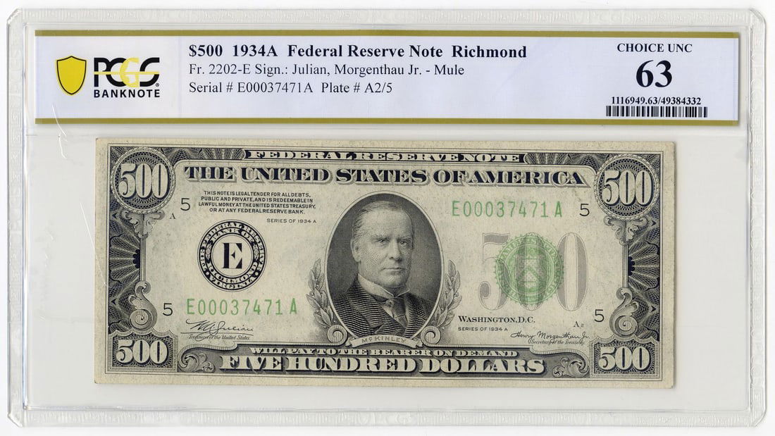 2202-e 1934a $500 Mule Federal Reserve Note, Richmond Auction