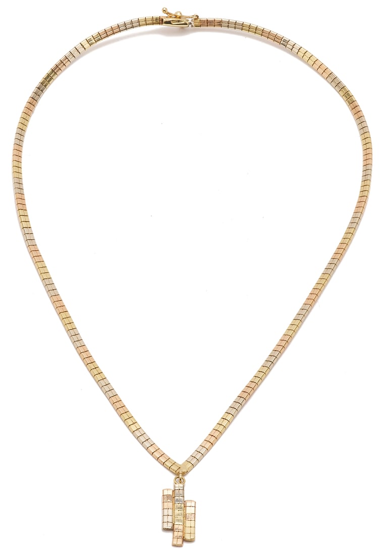 14k Italian Tri-colored Gold Flat Box Chain Necklace W/ Pendant Auction