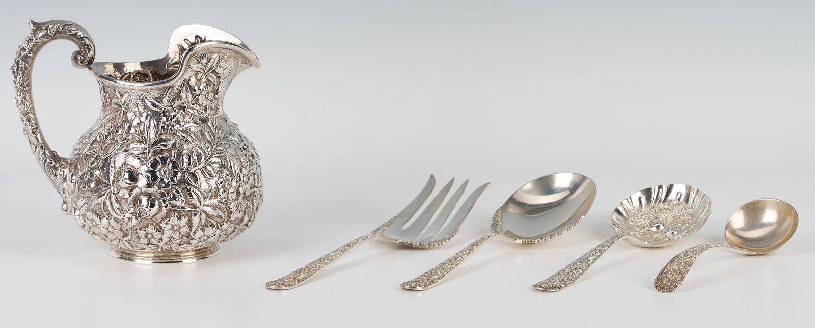 Kirk Sterling Silver Repousse Pitcher + 4 Serving Pieces Auction