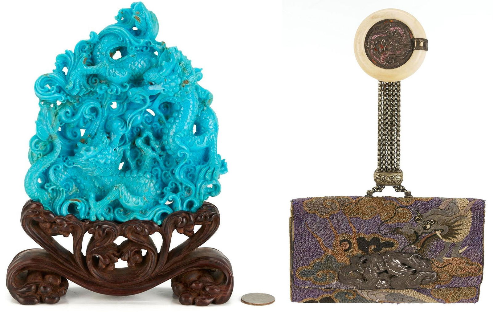 Chinese Carved Turquoise Dragon Sculpture & Japanese Leather Tobacco ...