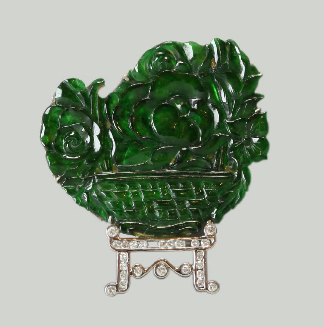 Chinese Jadeite Brooch Of A Basket Of Flowers
