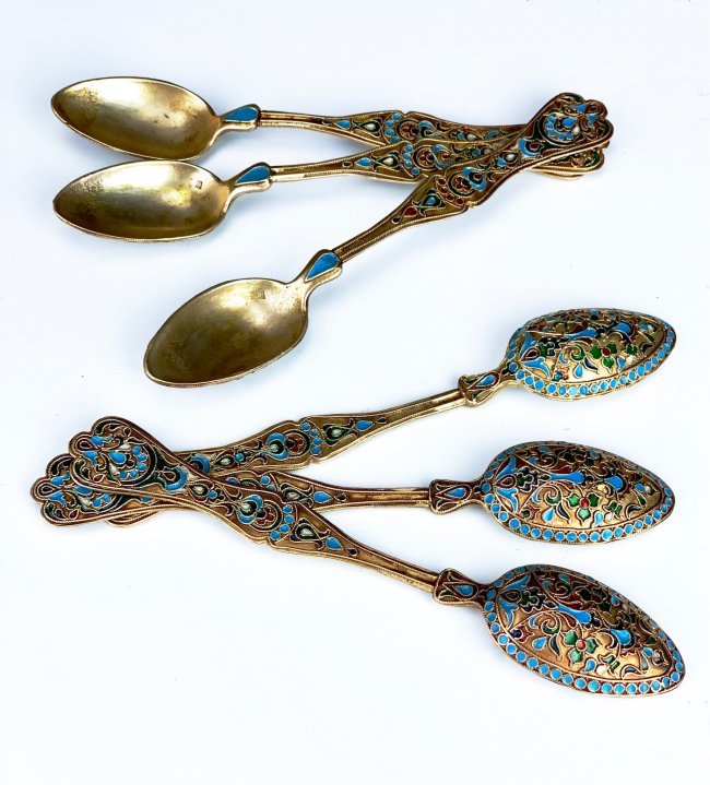 6 Russian Silver Enamel Tea Spoons
