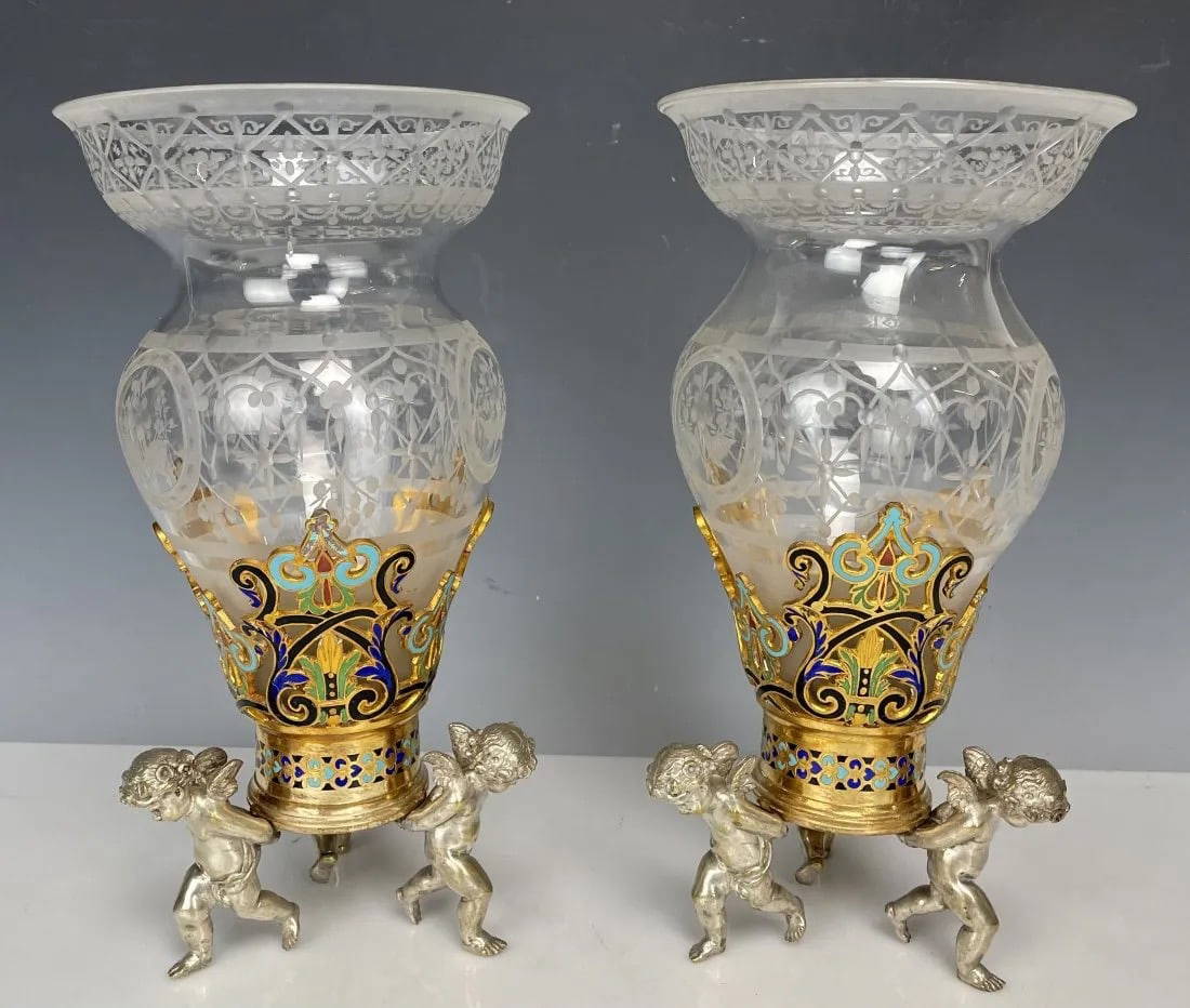 A Pair Of 19th C. French Champleve & Etched Baccarat Glass Vases Auction