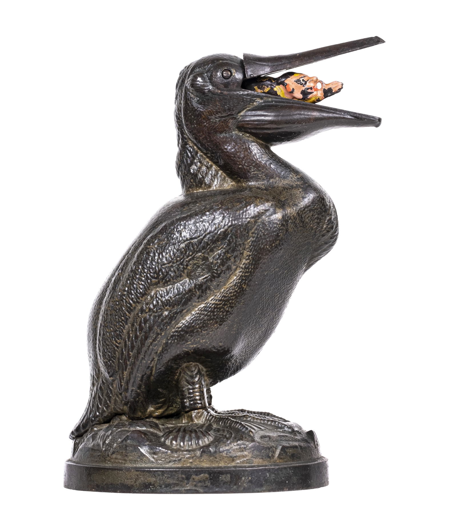 Japanned Pelican Man Thumbs Nose Figure Cast Iron Mechanical Bank