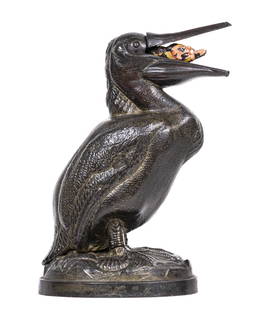 Japanned Pelican Man Thumbs Nose Figure Cast Iron Mechanical Bank