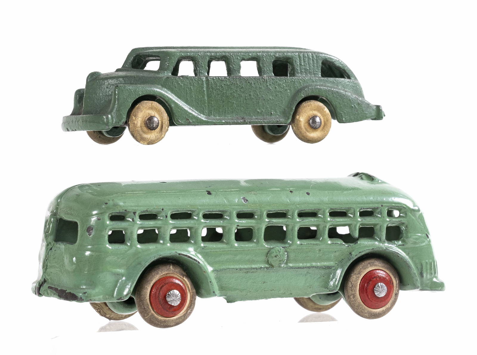 Two Pale Green Buses - Cast Iron Toys Auction