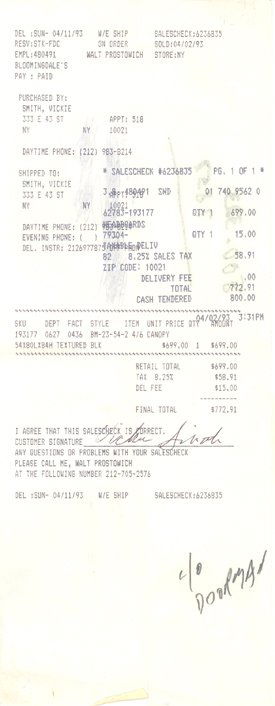 43: Anna Nicole Smith Signed Bloomingdale's Receipt