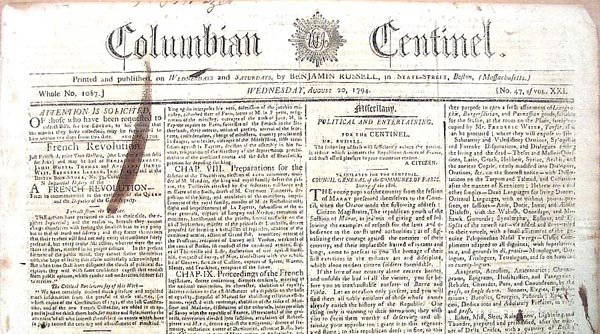 Boston Columbian Centinel Newspaper Jay Treaty 1794