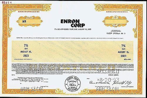 Enron Stock Certificate Printed Signature Kenneth Lay