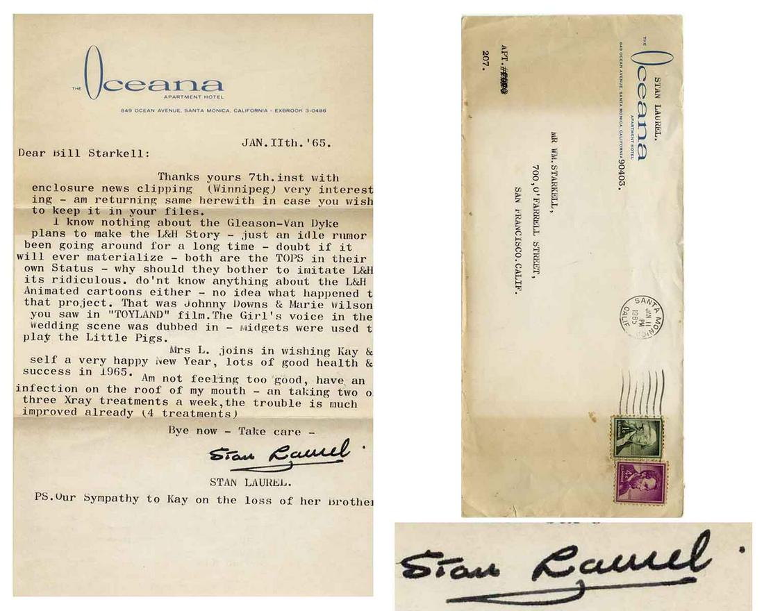 Stan Laurel Letter Signed 6 Weeks Before His Death