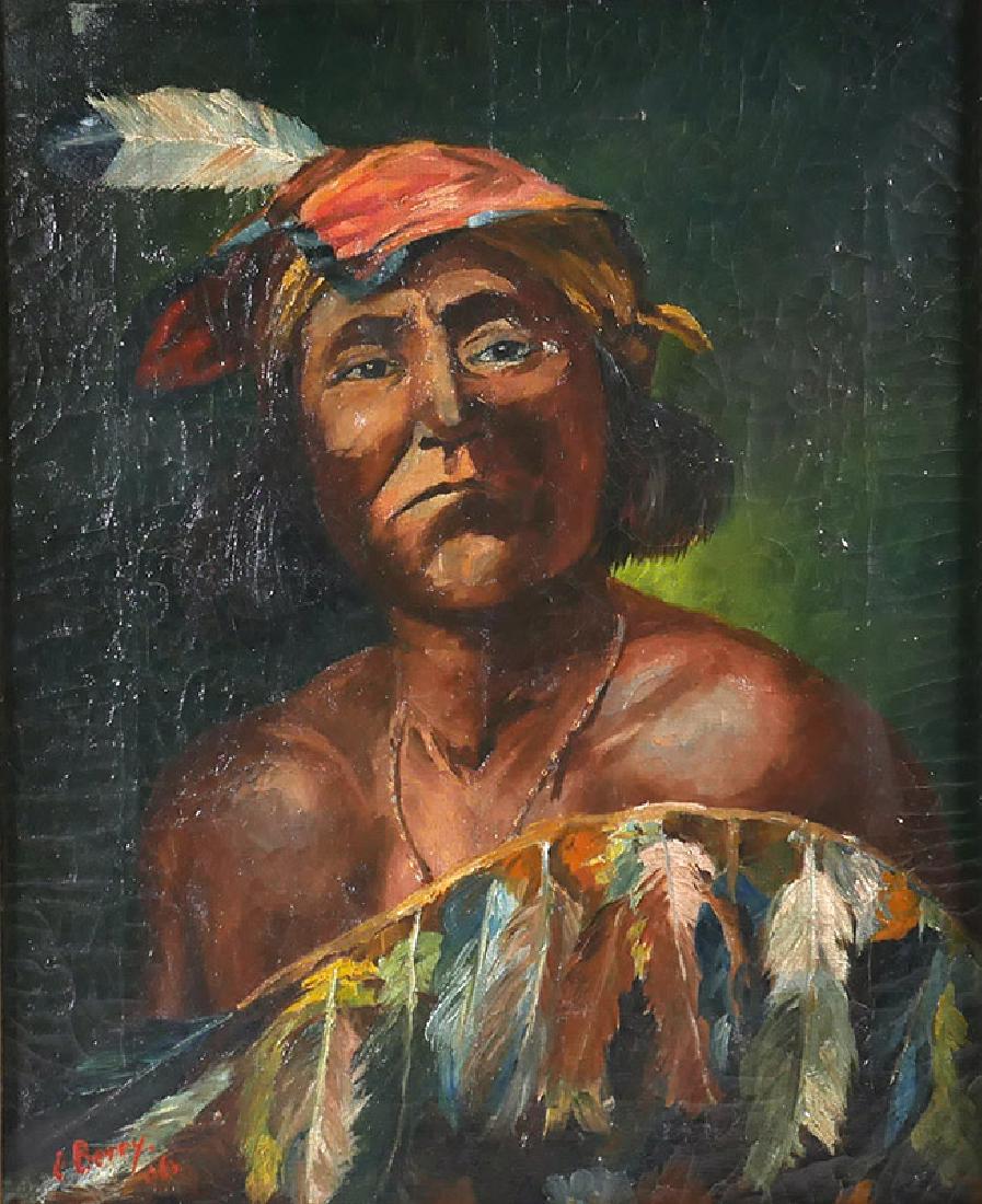 Antique Oil On Canvas Indian Brave Portrait 1906