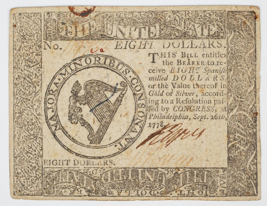 1778 Colonial Currency, Eight Dollar Note - Mar 18, 2023 | Blackwell ...