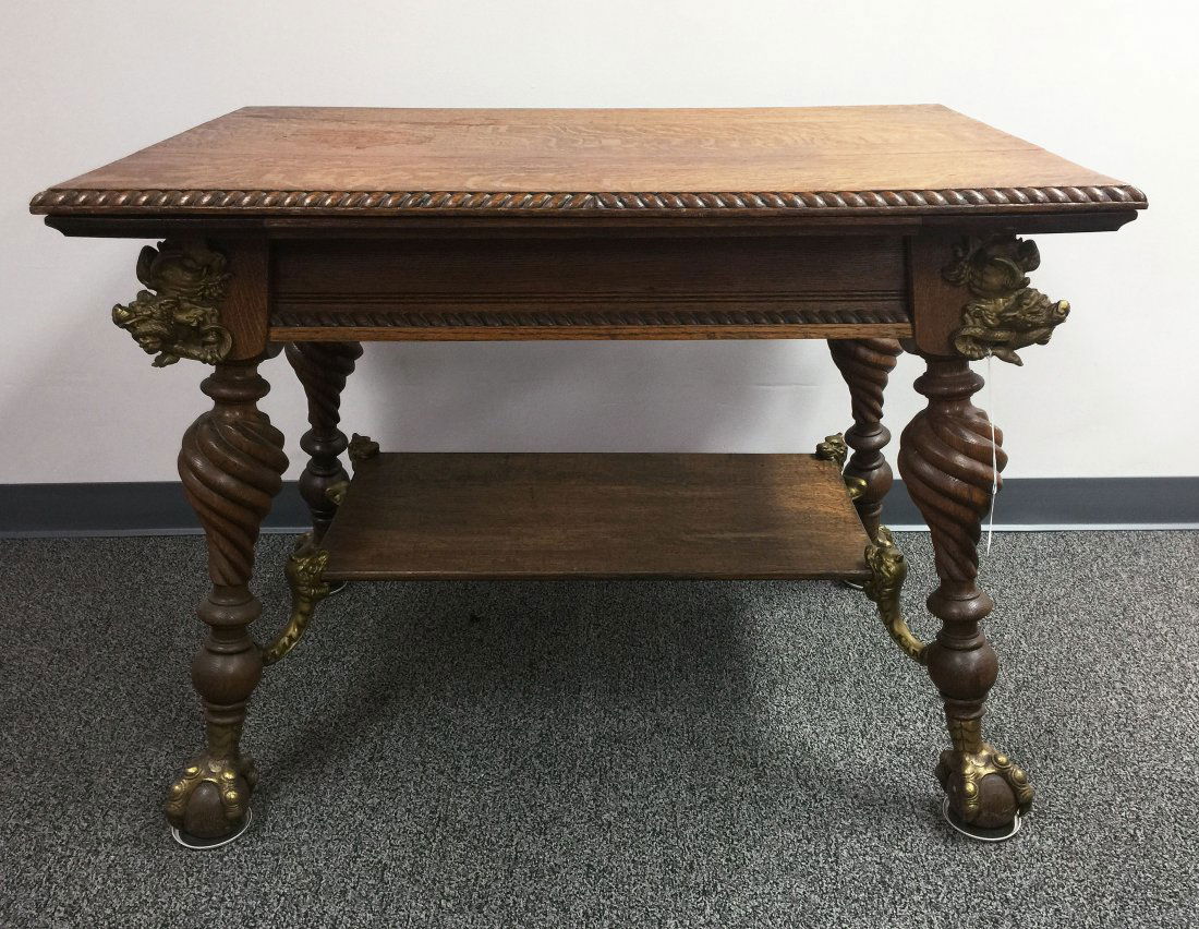 MERKLIN BROS Oak & Brass Ormolu Library Table