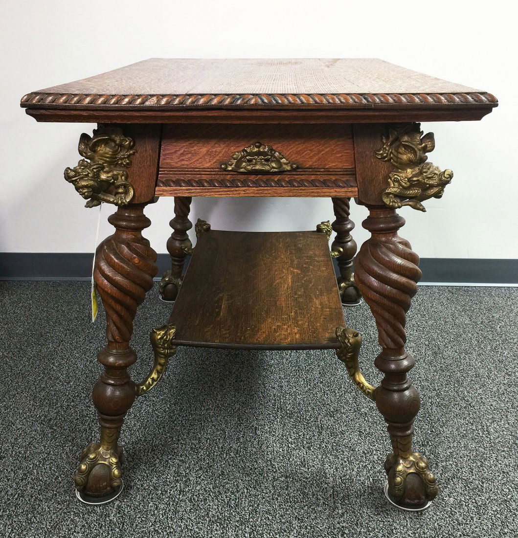 MERKLIN BROS Oak & Brass Ormolu Library Table