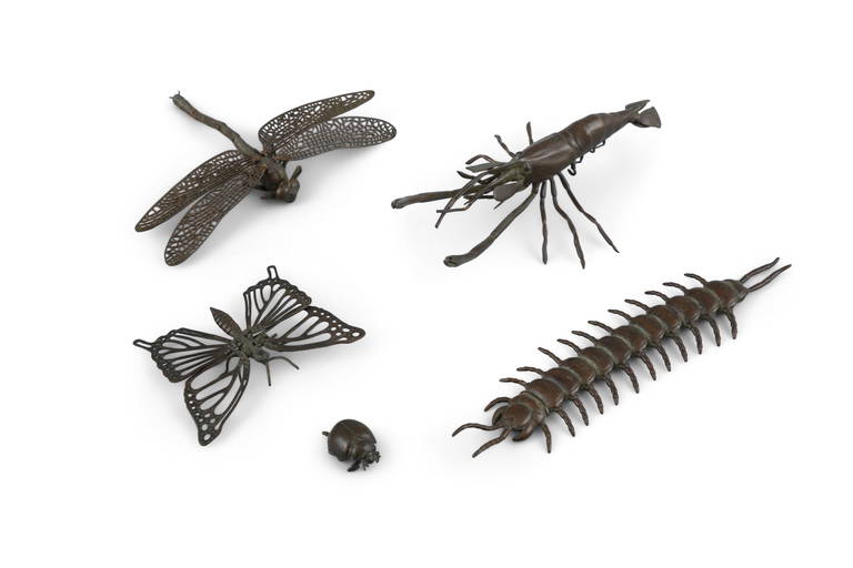 A Collection Of Five (5) Copper Insects Okimono Japan,
