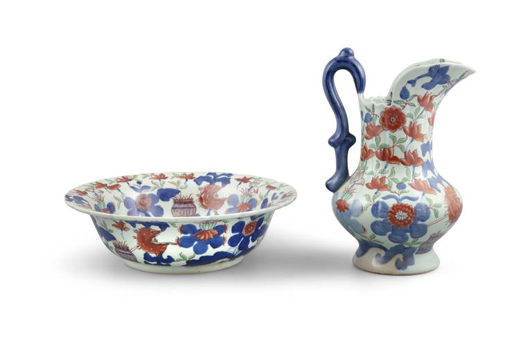 A Victorian Ironstone Jug And Basin, Decorated In The Imari Style.