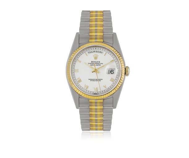 A 18K TRI-COLOURED GOLD 'DAYDATE' BRACELET WATCH, BY ROLEX, CIRCA 1990 ...