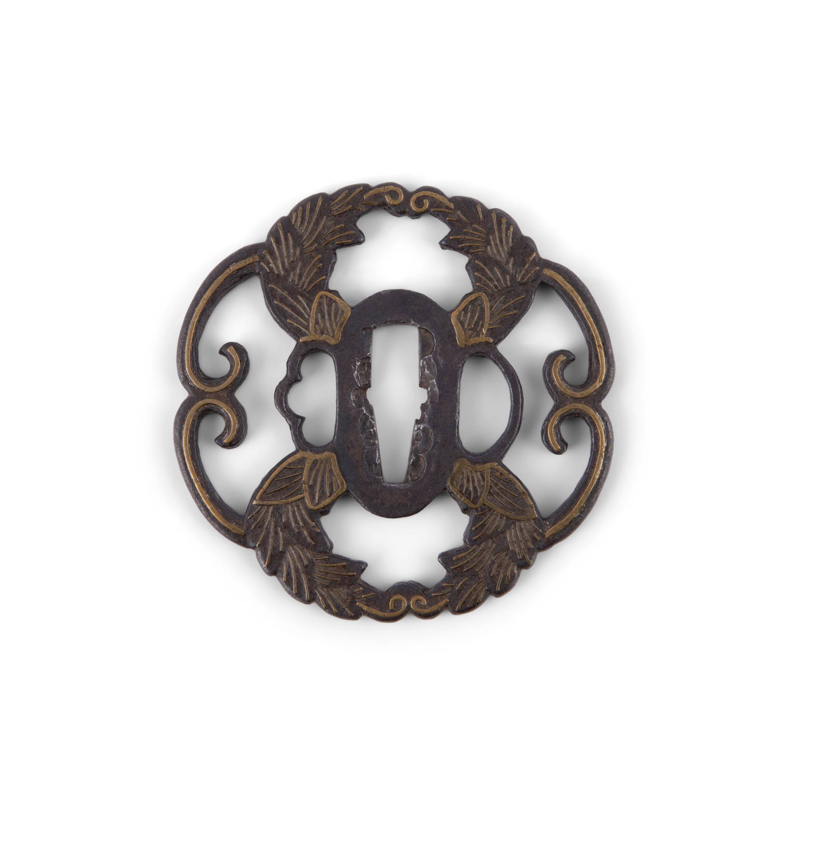 An Iron With Inlaid Gold Sukashi ‘lotus Leaf’ Tsuba 日本 江戸 Auction
