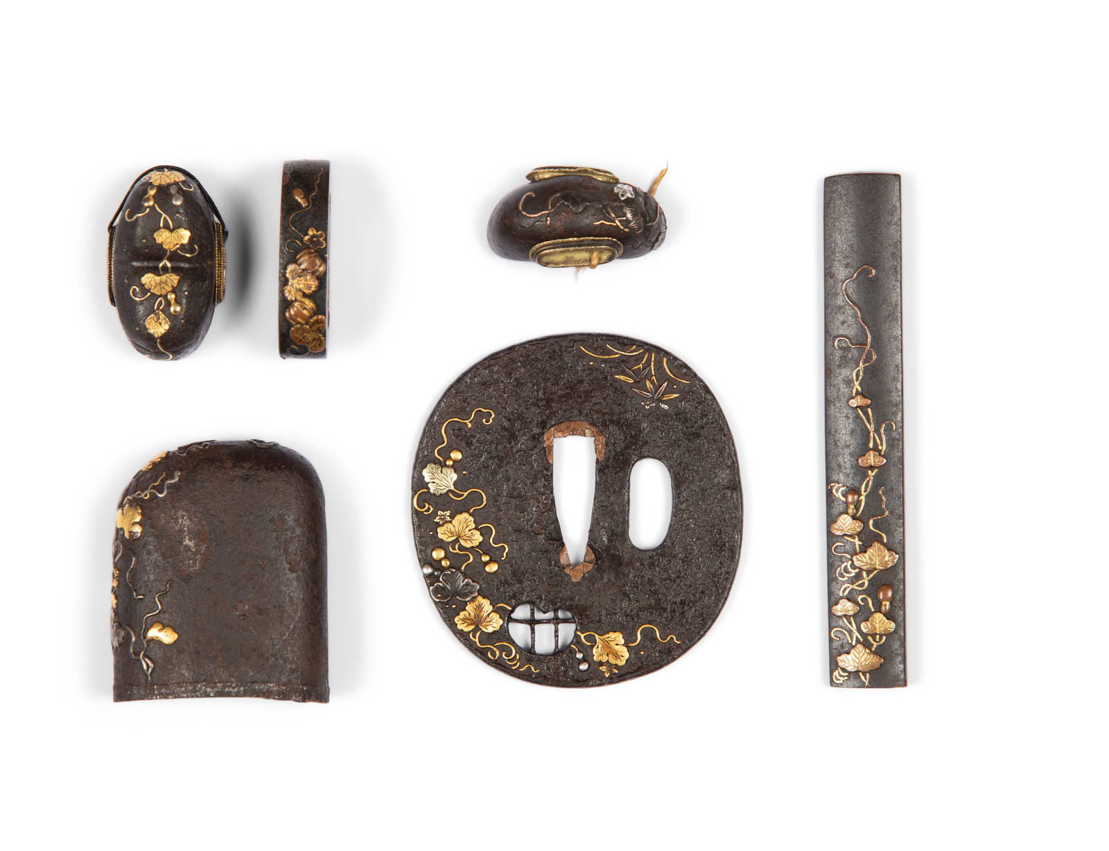 A Wrought Iron Sword Mount Set Decorated In Kin Gin Zogan, On The Theme ...