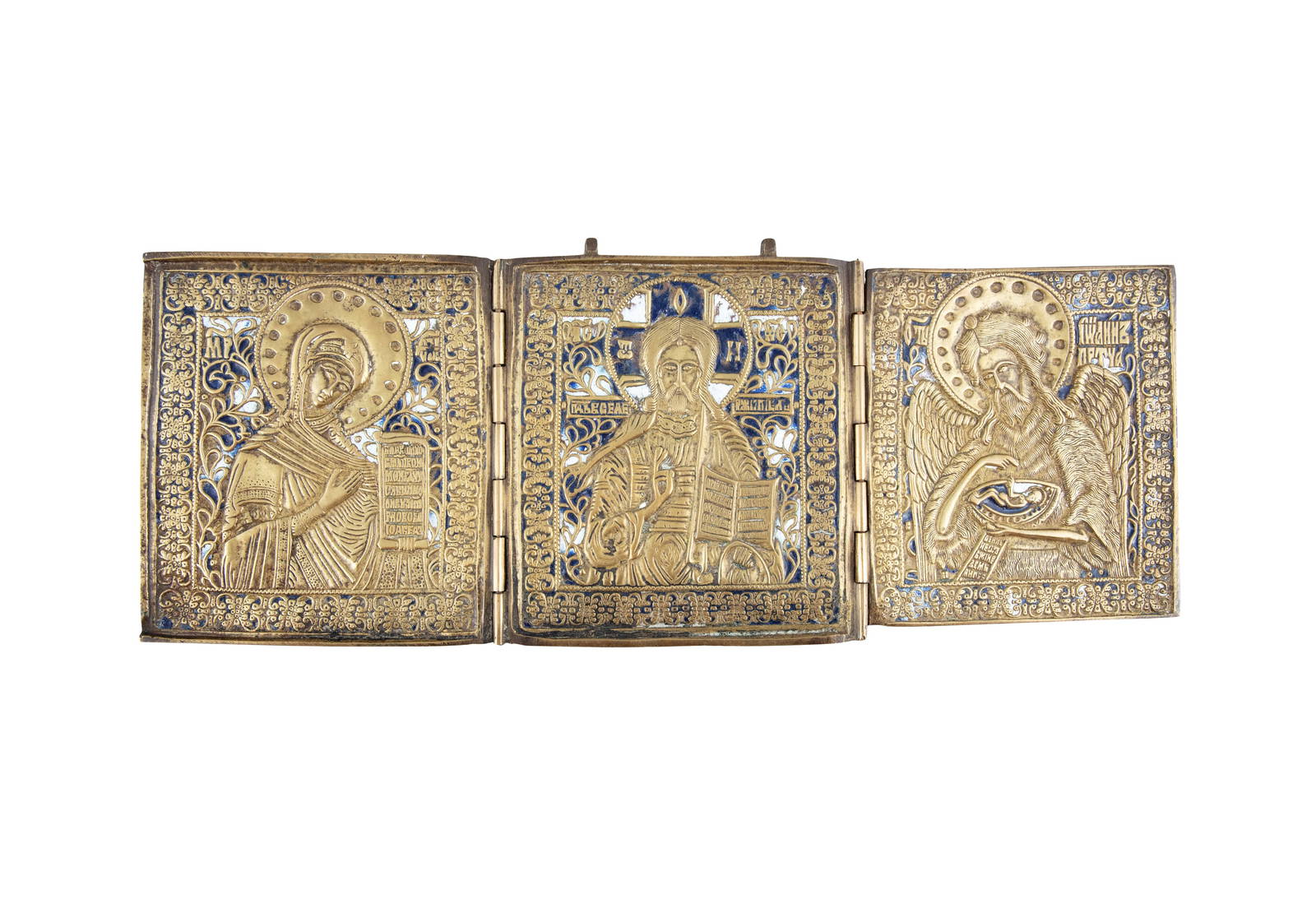 Russian School, 19th Century, Deesis, Triptych Brass And Enamel, 13.5 X 35.7cm Provenance : With ...