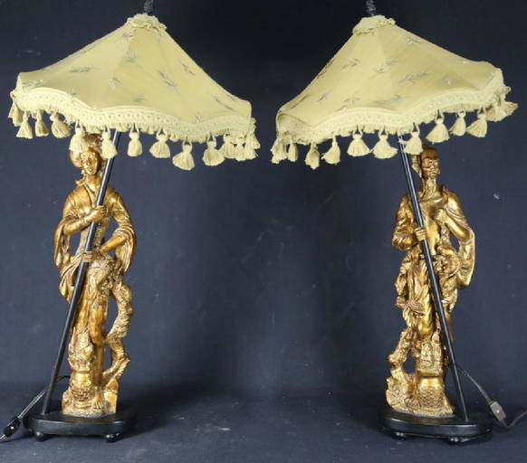 Pair Of Chinese Figure Lamps With Umbrella Shades