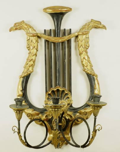 Pair Ebonized And Gilded Lyre Motif Wall Sconces