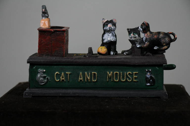 Antique Cast Iron Cat & Mouse Action Bank