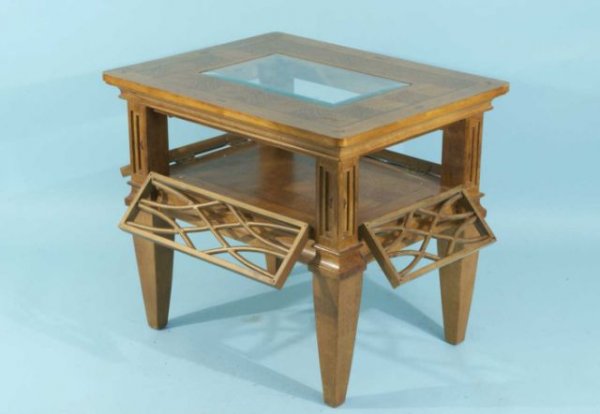 193: INLAID END TABLE WITH GLASS TOP AND DISPLAY CASE