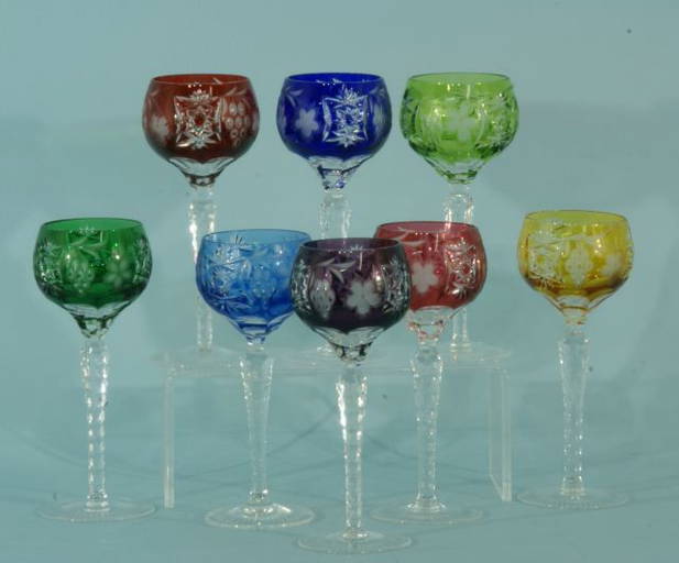 Eight Assorted Color Cut Glass Wine Goblets
