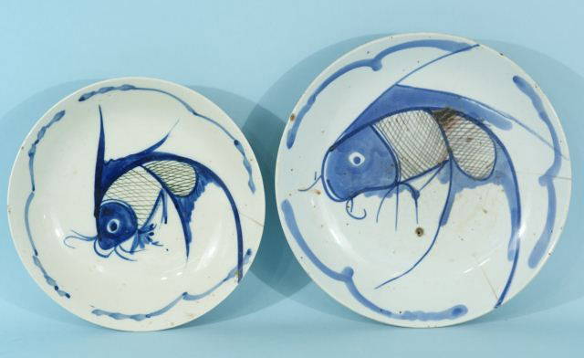 Two Chinese Porcelain Blue And White Fish Plates