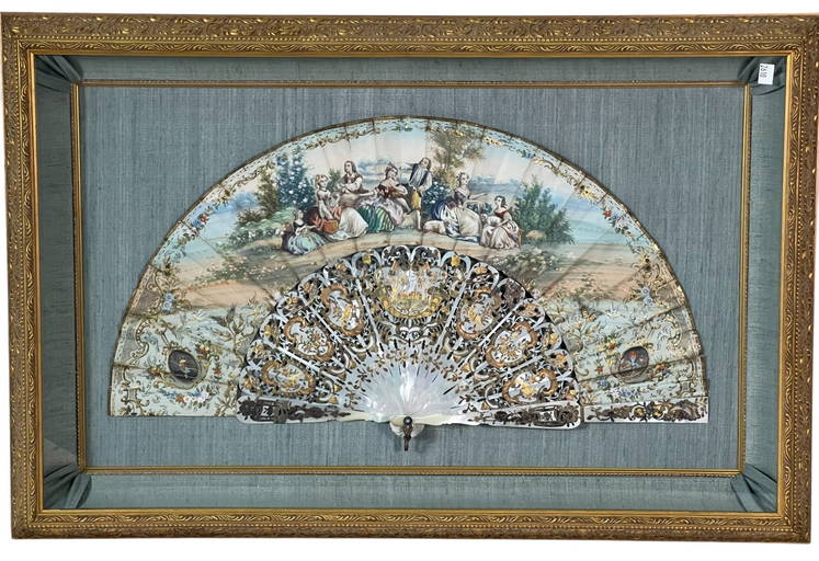 Framed Antique Painted Hand Fan Shadow Box