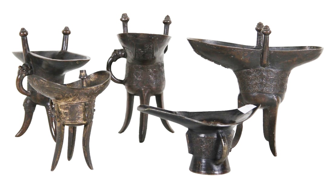 Five Chinese Jue Ritual Bronze Wine Vessels Auction