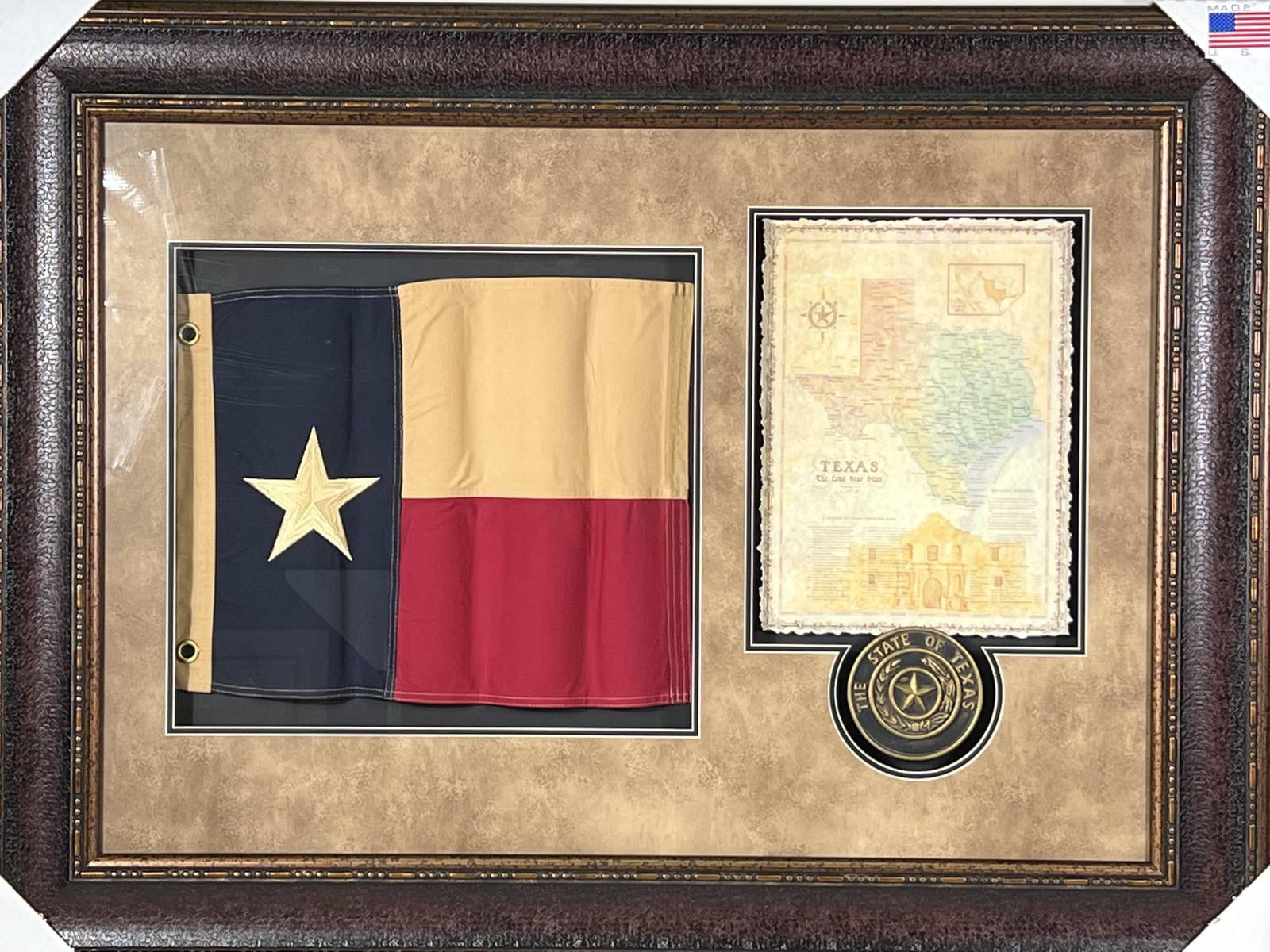 Framed Texas Flag With Map And Seal Auction