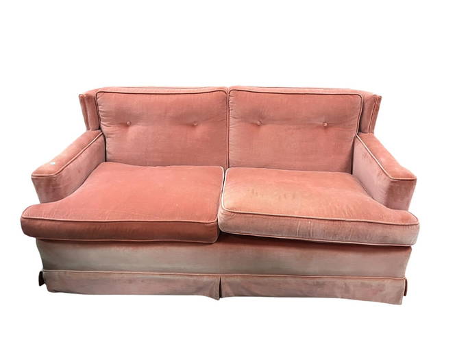 Pair Of Vintage Upholstered Salmon Velvet Sofas