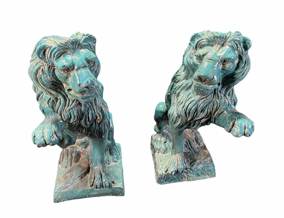 Pair Of Vintage Turquoise Colored Lions Auction