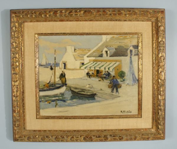 Raymond Wintz "boat Docking, Side Walk Cafe" Oil