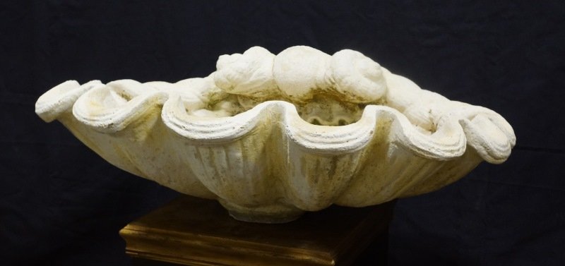 CARVED LIMESTONE SHELL SHAPED GARDEN FOUNTAIN BASIN