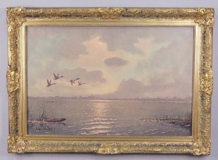 Louis Van Veen "river Scene" Oil On Canvas